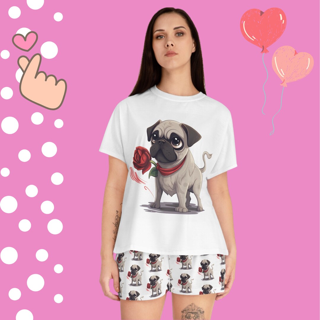 Women's Short Pyjama Set, Pugs and Roses, Pugs and Roses Pattern, Short ...
