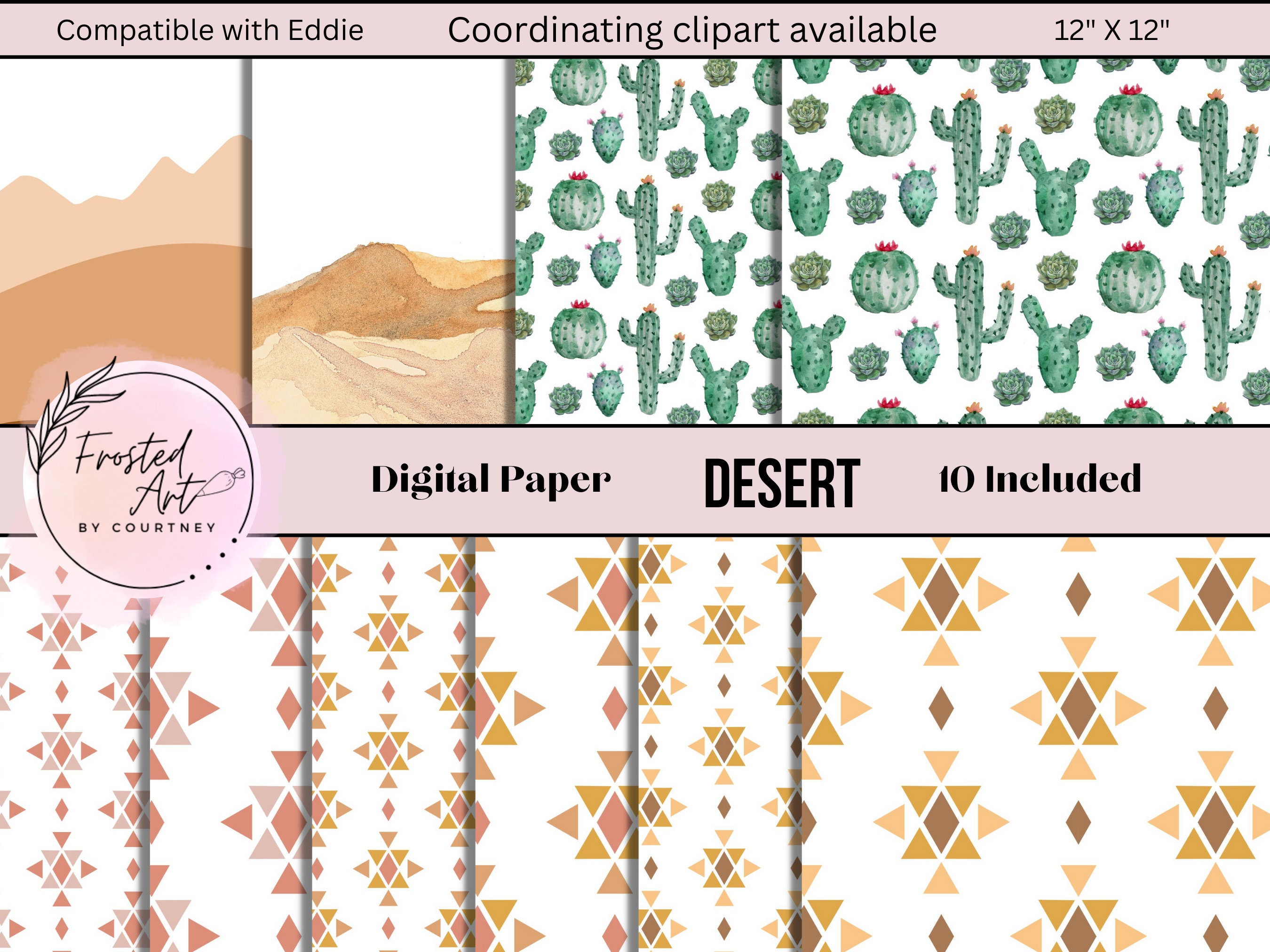 Desert Digital Paper, Cactus, Watercolor Florals, Digital Download, PNG ...