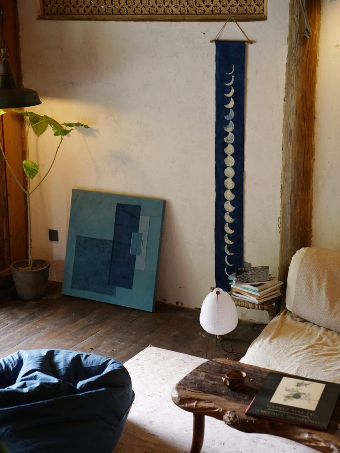 Indigo Moon Phase Wall Hanging – Handwoven Textile Art With Bamboo Rods ...