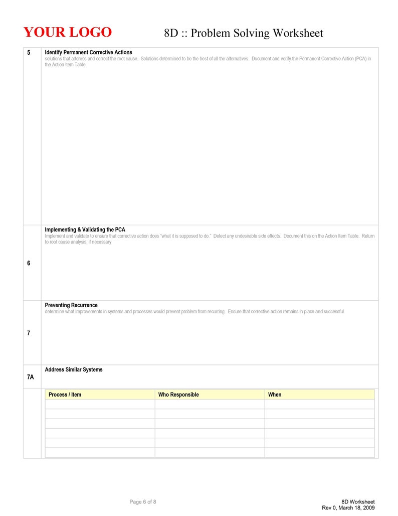 8D- Problem Solving Template | Root Cause Analysis Work Sheet ...