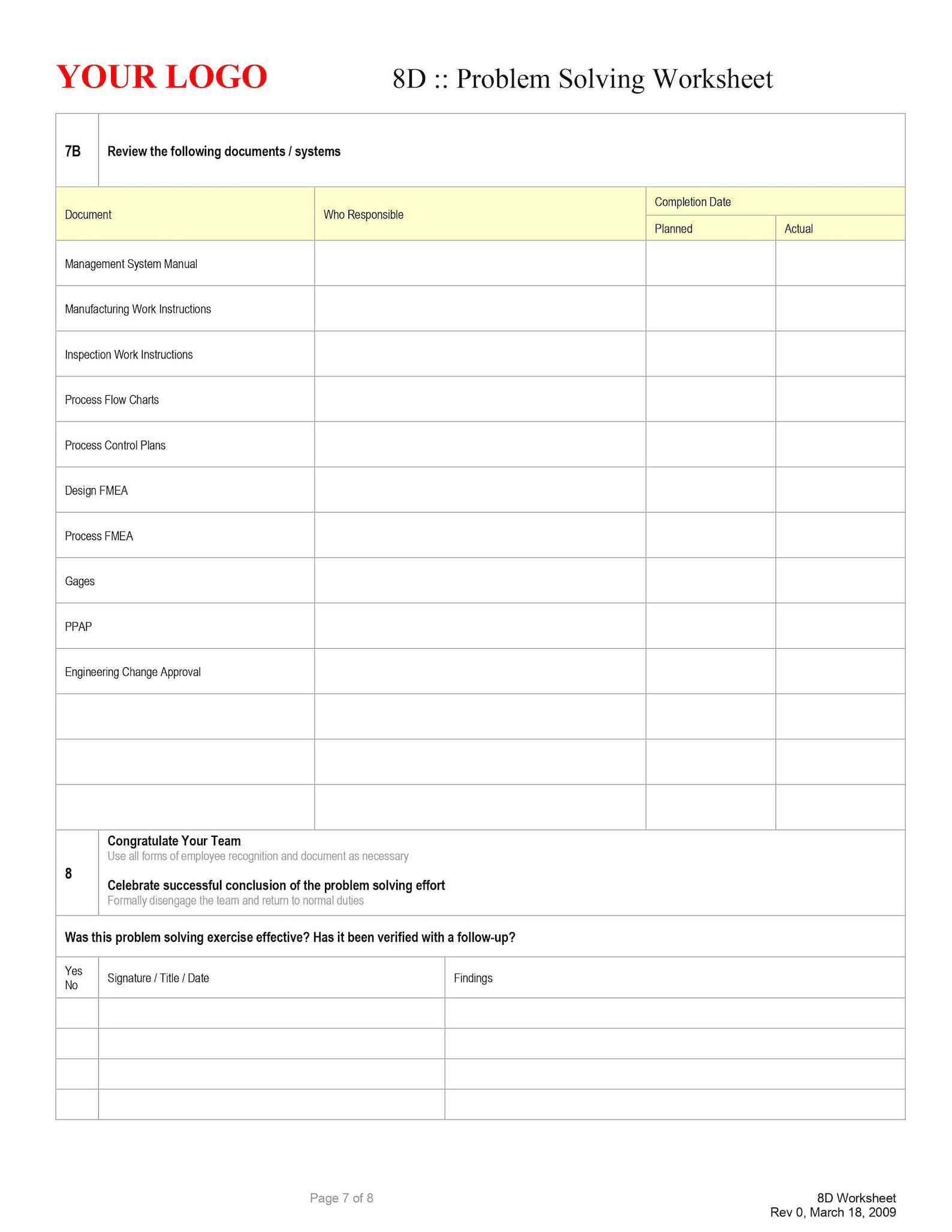 8D- Problem Solving Template | Root Cause Analysis Work Sheet ...