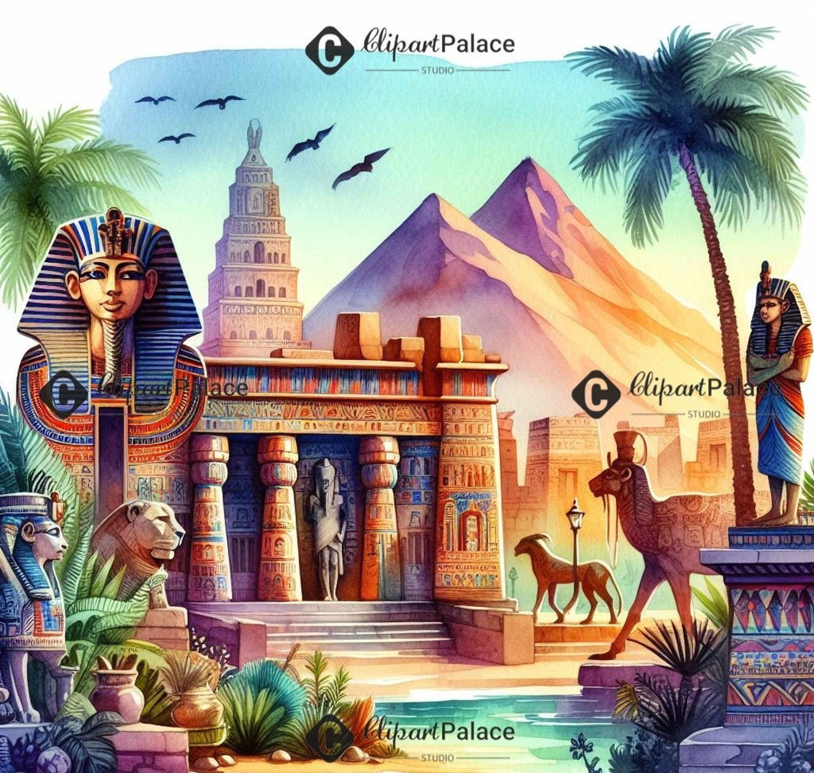 Exquisite Ancient Egypt Clipart Collection Watercolor Landmarks ...