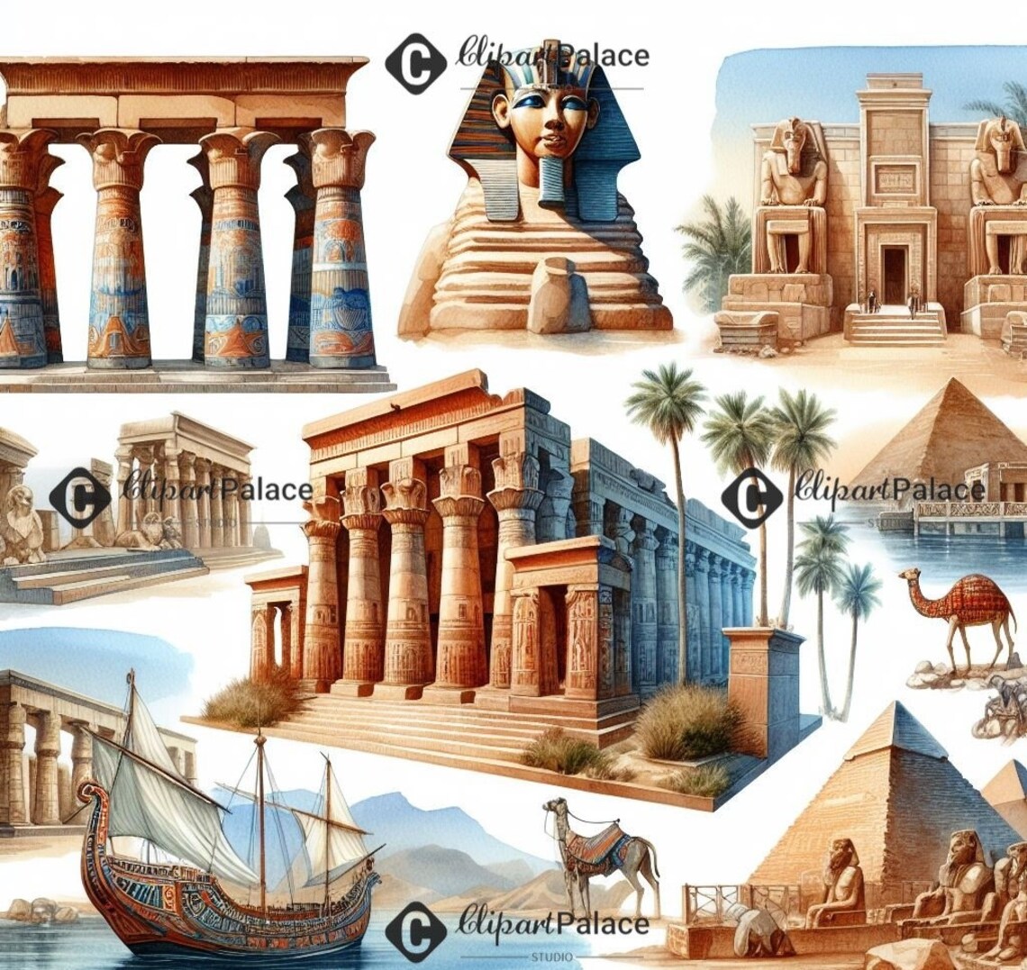 Exquisite Ancient Egypt Clipart Collection Watercolor Landmarks ...