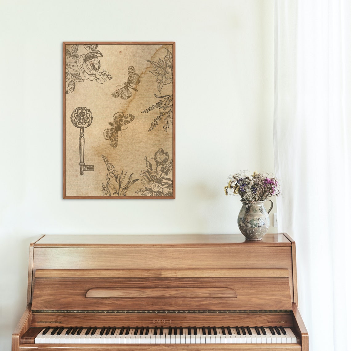 Vintage Key Art Print: Rustic Floral Butterfly Illustration (PDF & JPEG ...