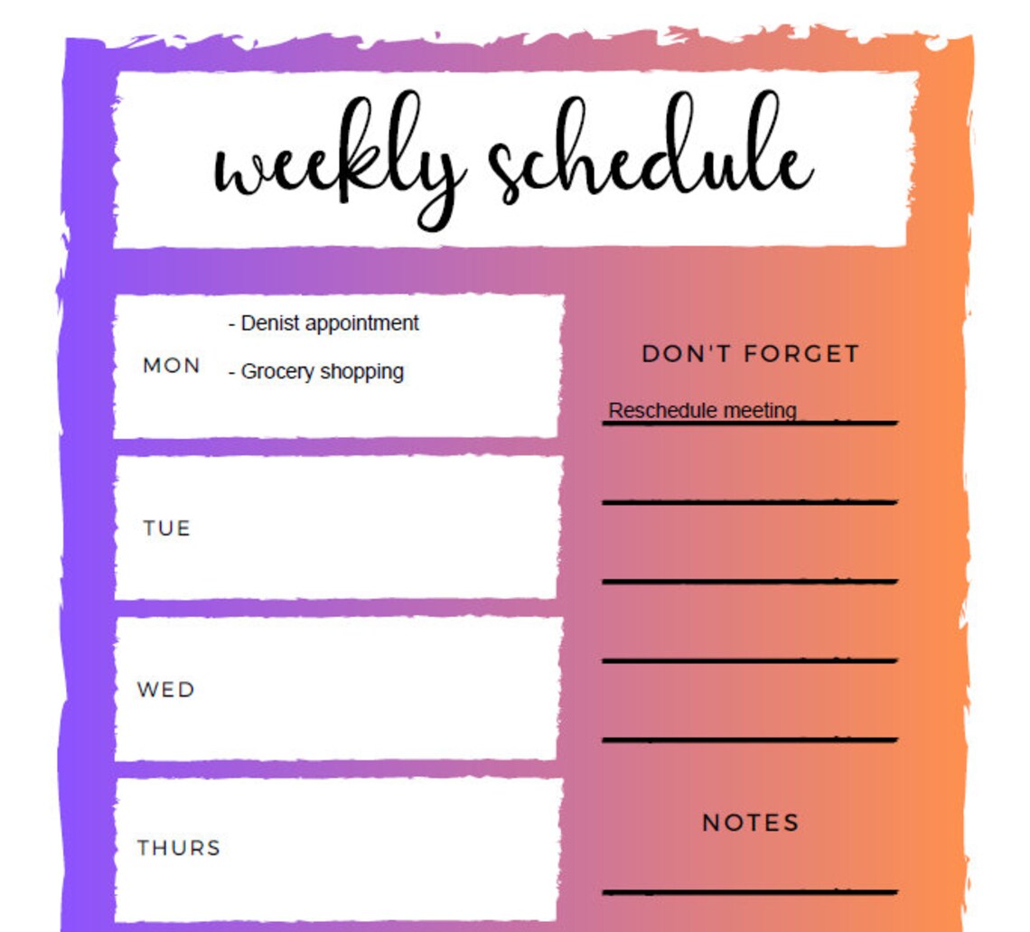 Weekly Schedule Sheet | Weekly Schedule Printable Sheet | Week ...