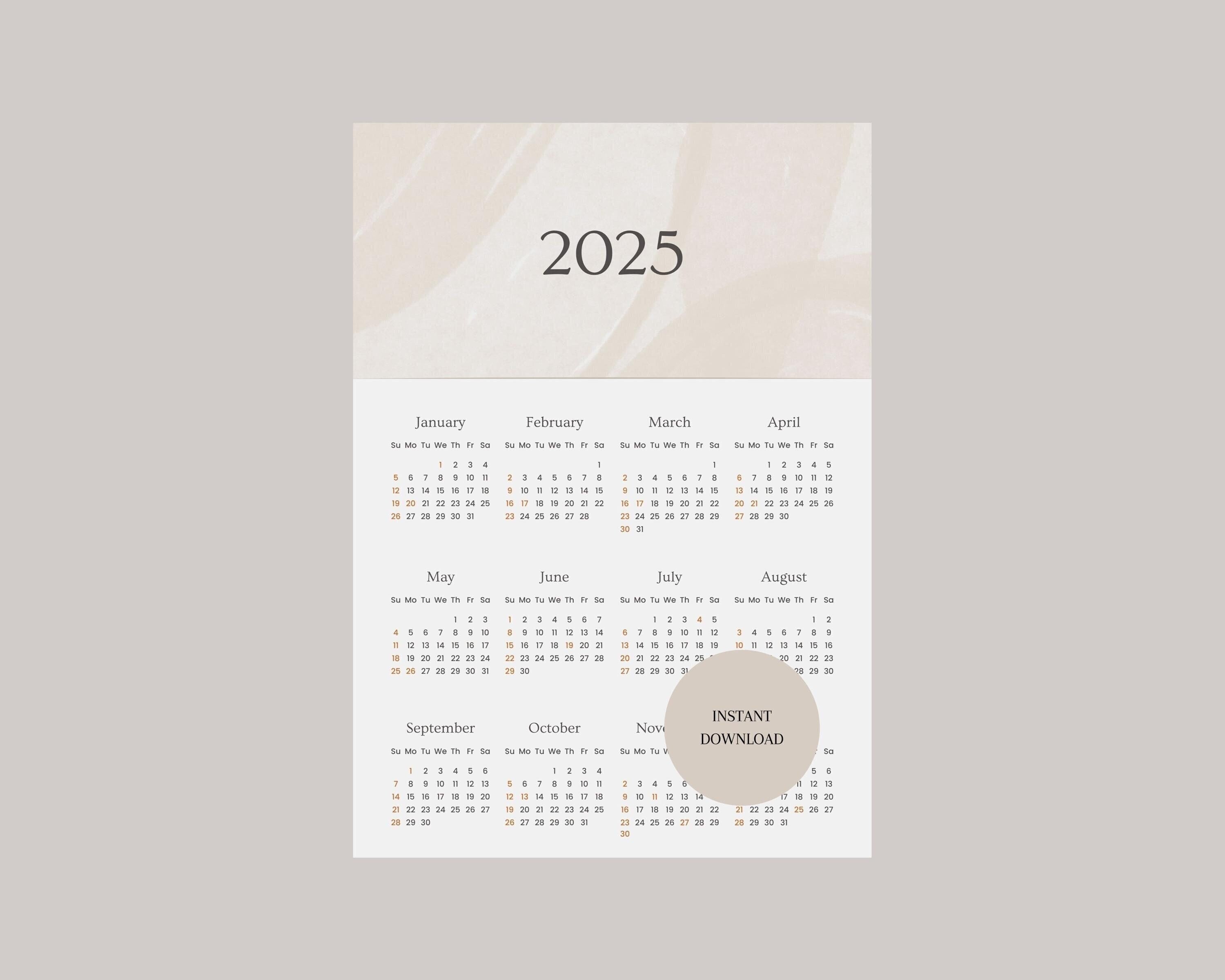 Year Wall Calendar | Year at a Glance Calendar | 2025 Year Calendar ...