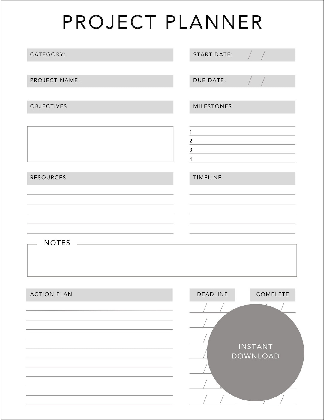 Project Planner Printable Sheet Simple Minimalist - Etsy
