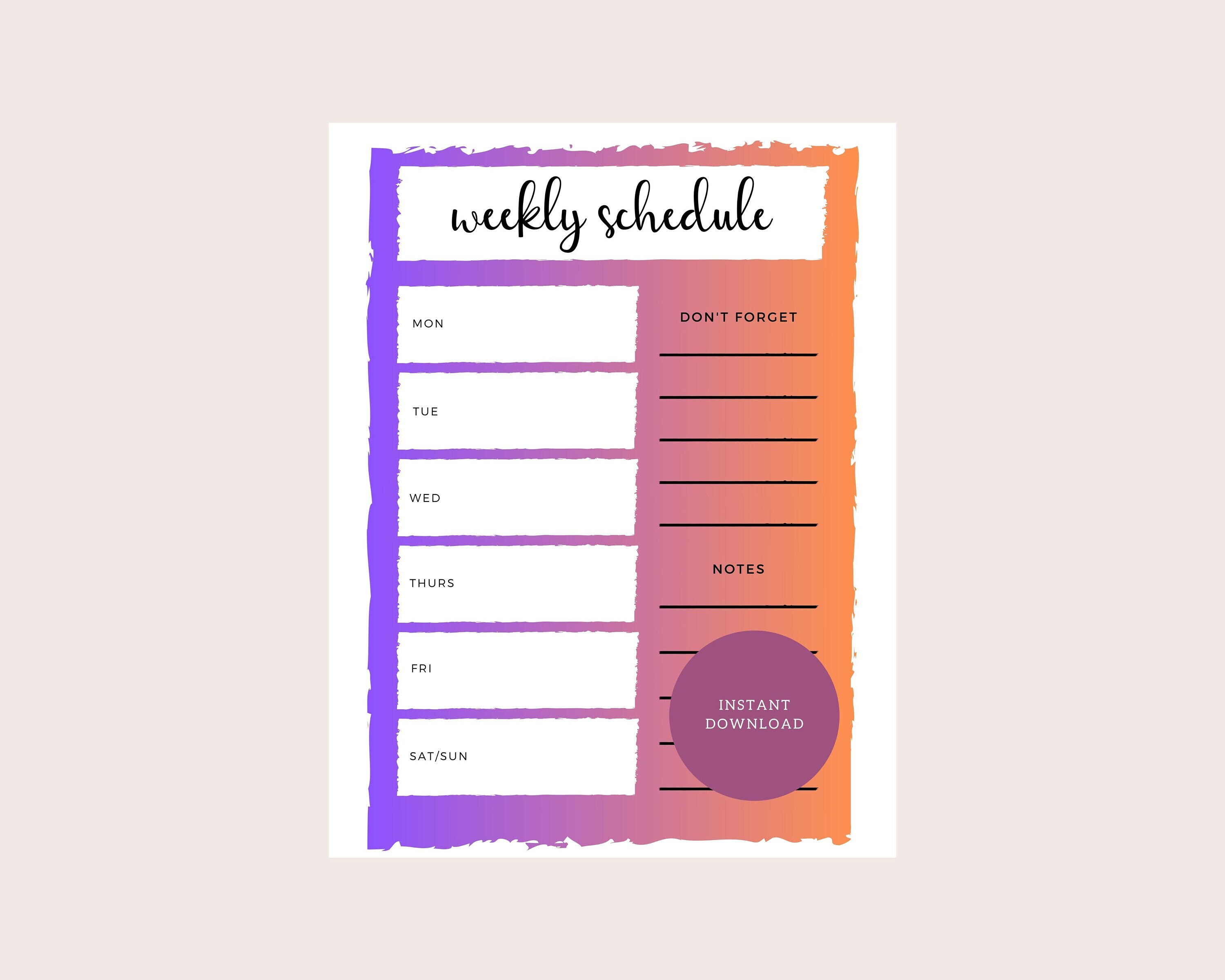 Weekly Schedule Printable Sheet Ombre Etsy 4370