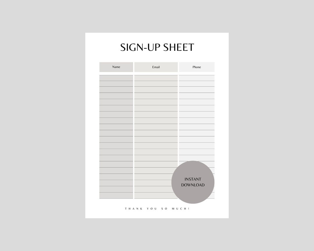 Sign-up Sheet Printable Sign-up Sheet Editable Sign-up Sheet Editable ...