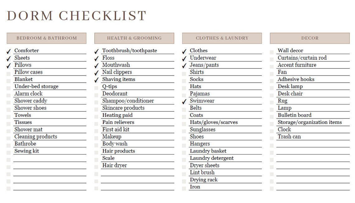 Dorm Room Checklist: Minimalist Packing List (printable & Editable PDF ...
