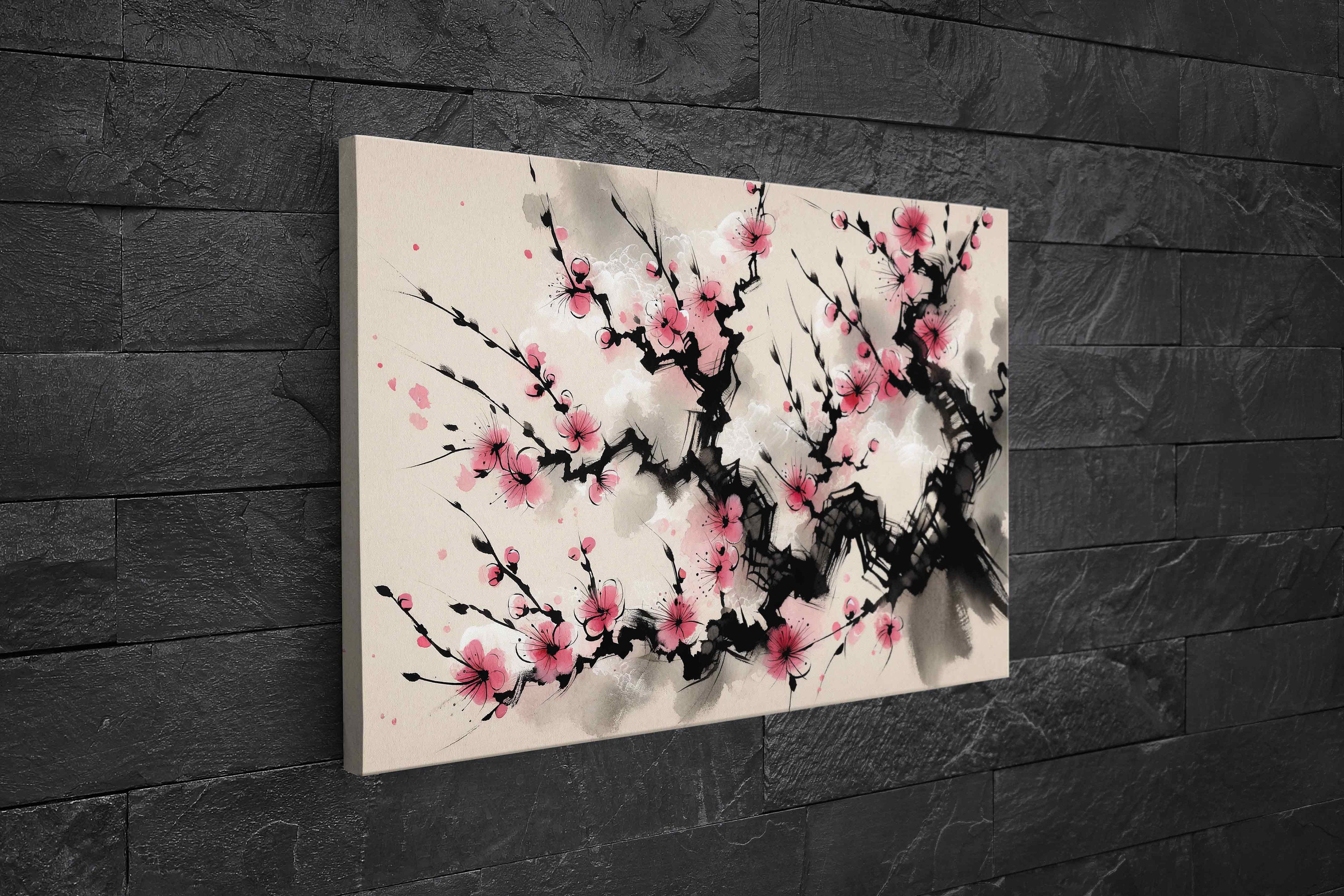 Cherry Blossom Japanese Watercolor Ink Painting, Abstract Floral Canvas ...