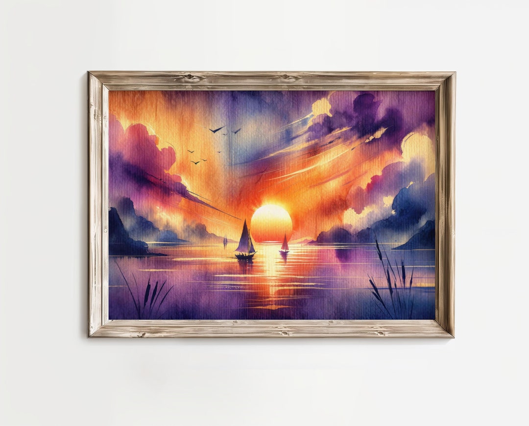 Purple Hues Sailboat - Dusk Sunset Seascape Watercolor Ink Painting ...