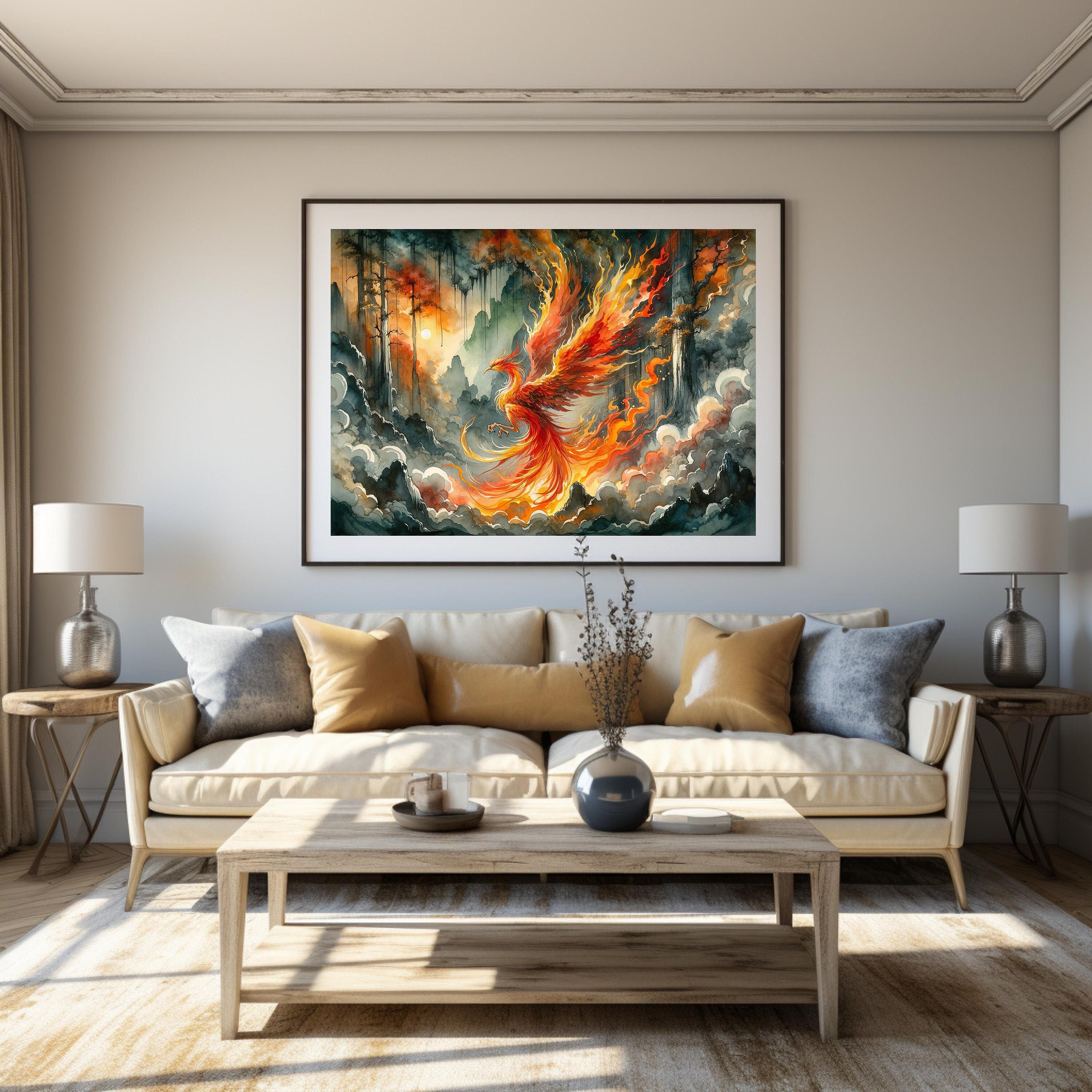 Fiery Phoenix Rising Watercolor Painting - Mythical Bird Magical ...