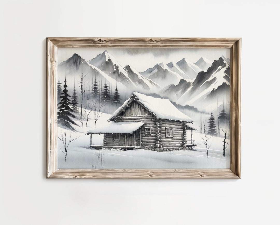 Secluded Snow Cabin - Mountain Retreat Wilderness Landscape Watercolor ...