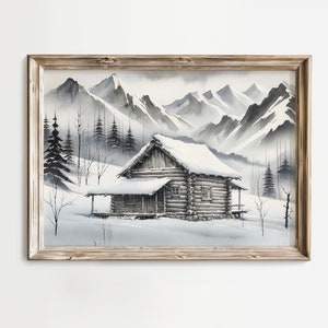 Secluded Snow Cabin - Mountain Retreat Wilderness Landscape Watercolor ...