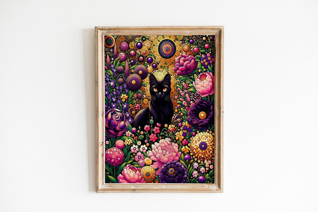 Midnight Bloom: Enigmatic Black Cat, Iconic Cat Portrait, Gustav Klimt ...