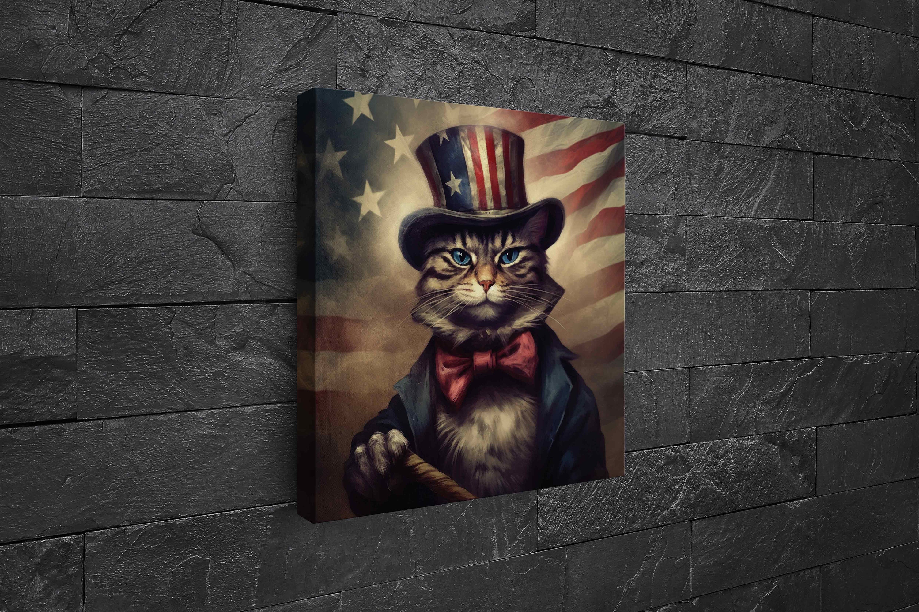 Vintage Uncle Sam Cat Wall Art, Patriotic Kitty Canvas, American Flag ...