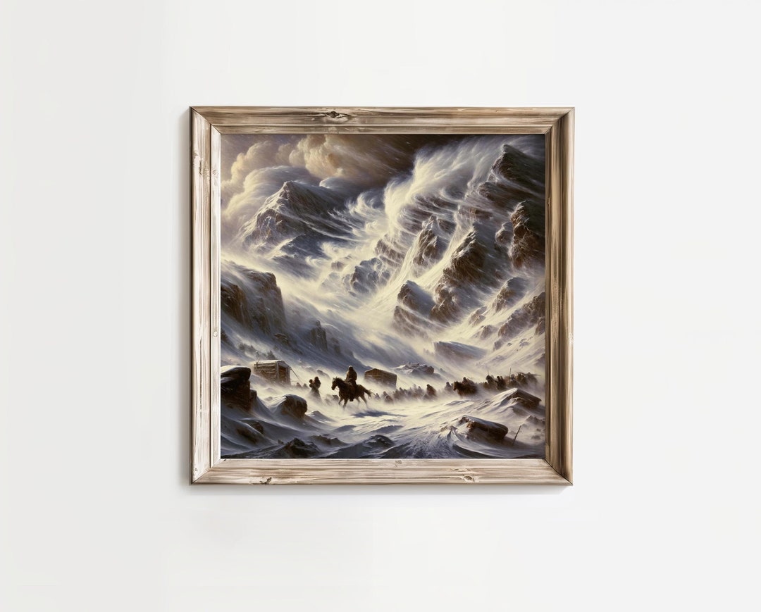 Dramatic Mountain Blizzard Oil Painting, Epic Snowstorm Survival Scene ...