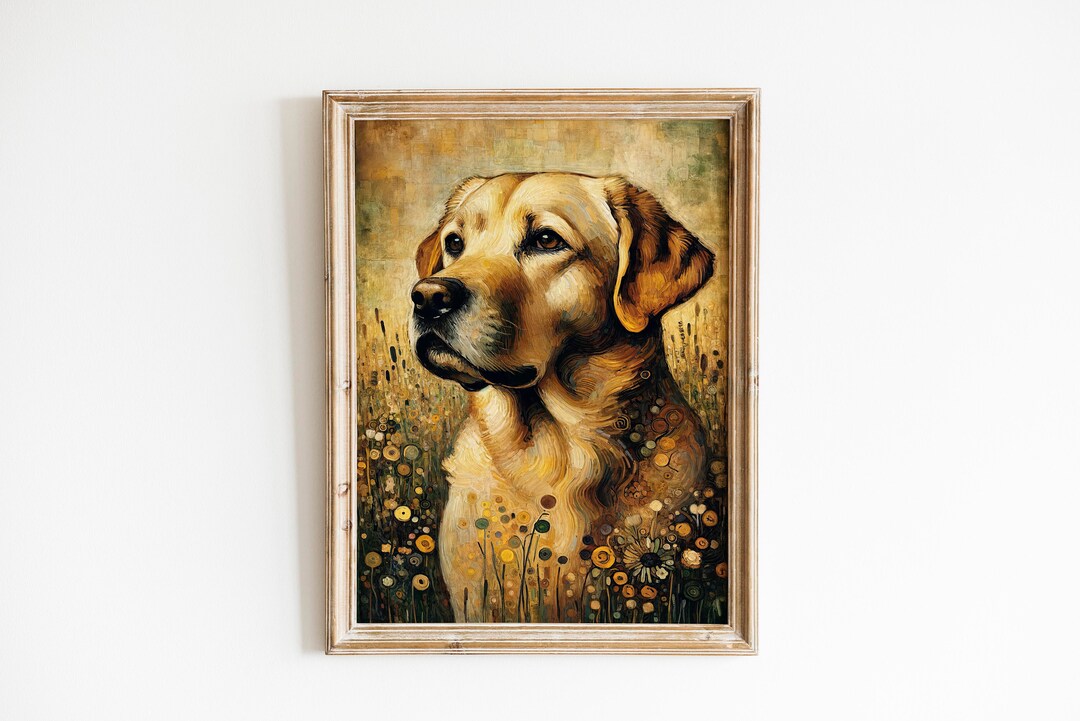 Golden Yellow Lab, Iconic Dog Portrait, Gustav Klimt Vintage Flowers ...