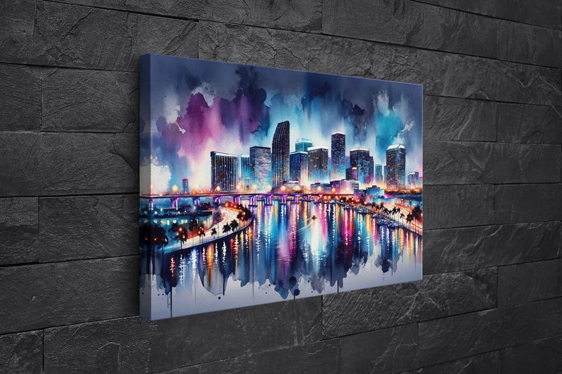 Miami Skyline at Dusk - Radiant Vibrant City Watercolor Ink Night ...