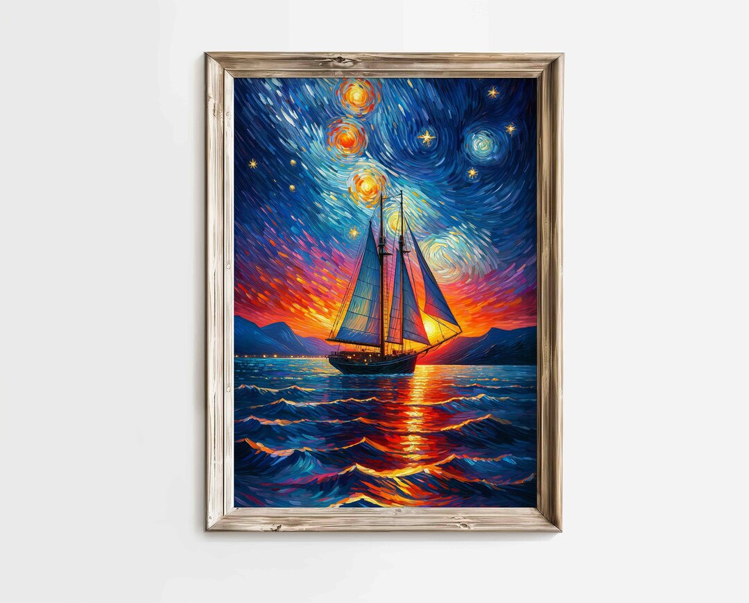 Sailing Into the Starry Night, Sailboat Ocean Evening Sunset, Van Gogh ...