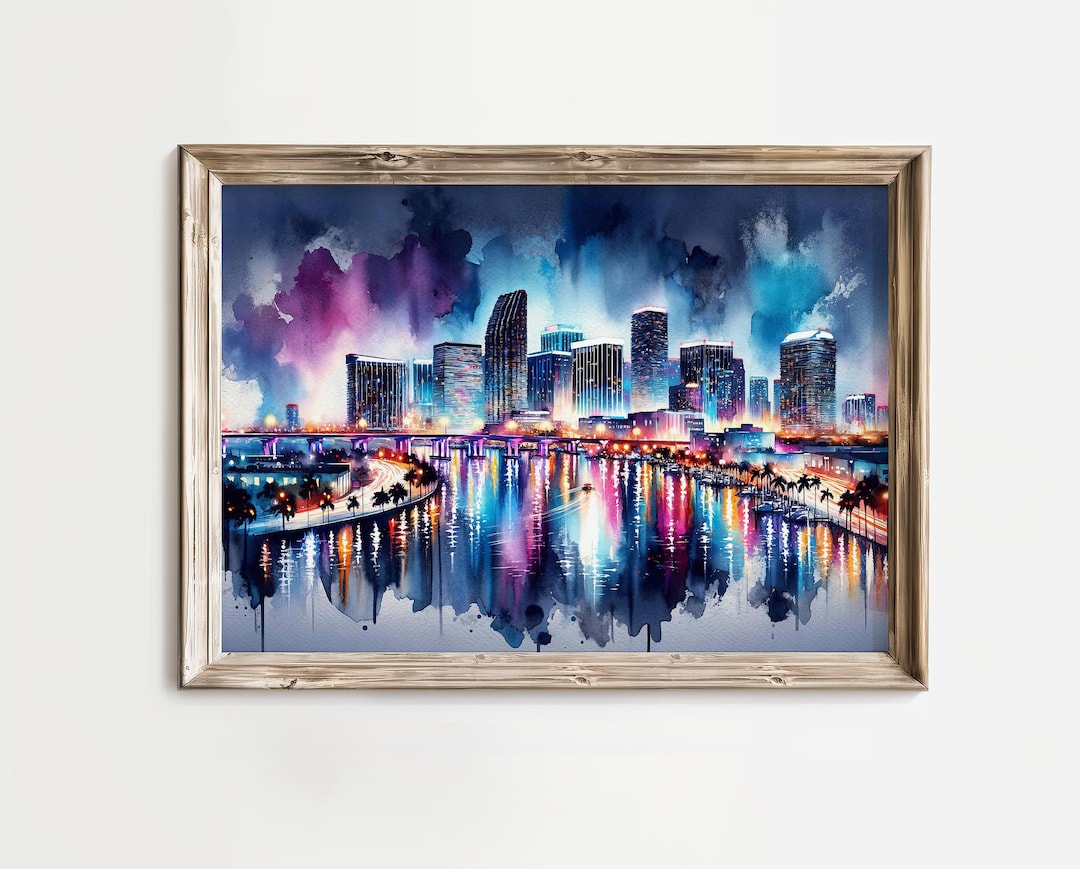 Miami Skyline at Dusk - Radiant Vibrant City Watercolor Ink Night ...