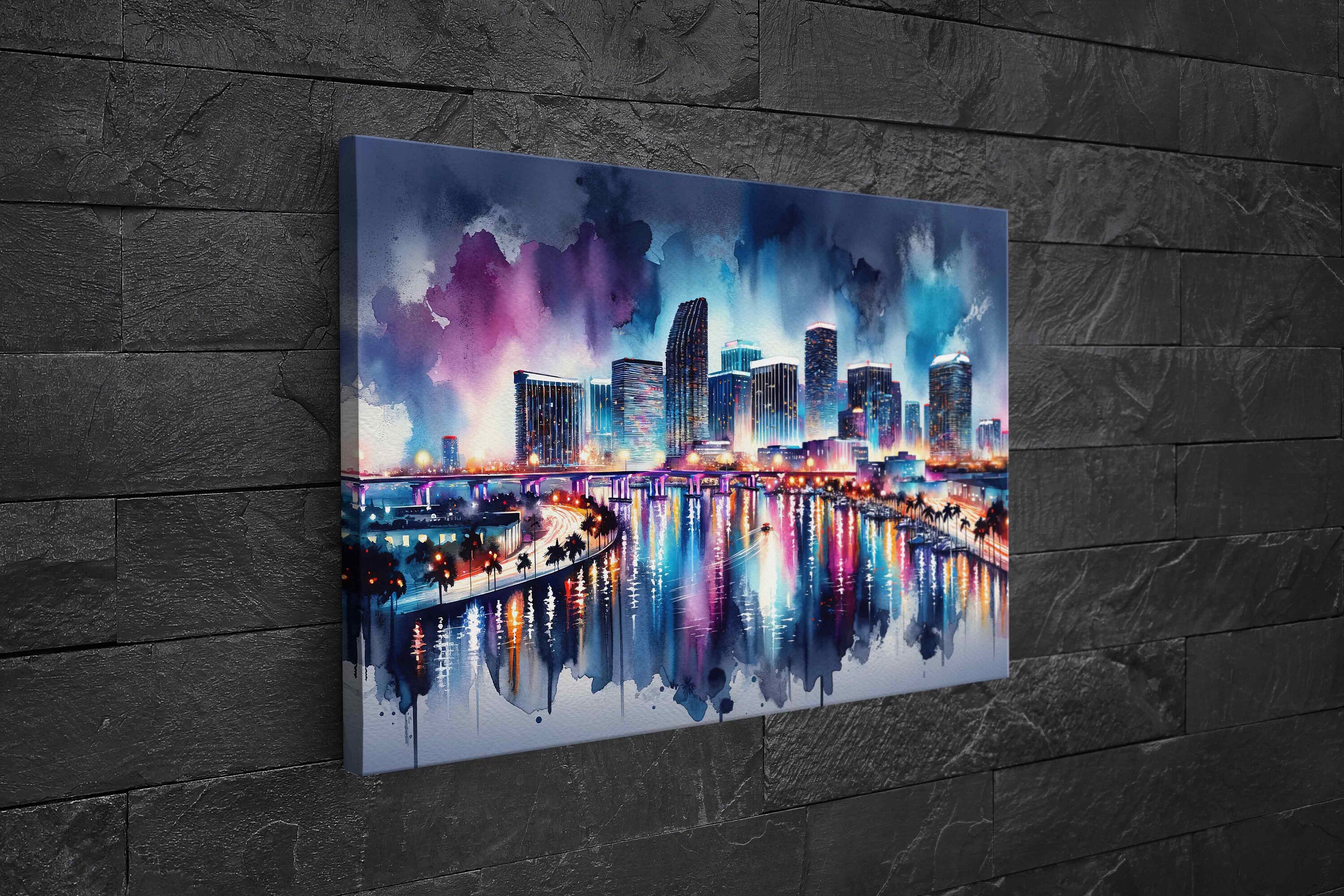 Miami Skyline at Dusk - Radiant Vibrant City Watercolor Ink Night ...