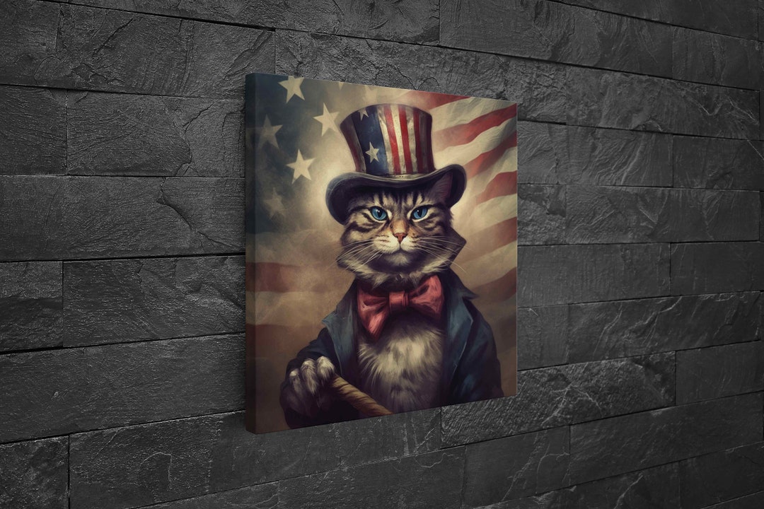 Vintage Uncle Sam Cat Wall Art, Patriotic Kitty Canvas, American Flag ...