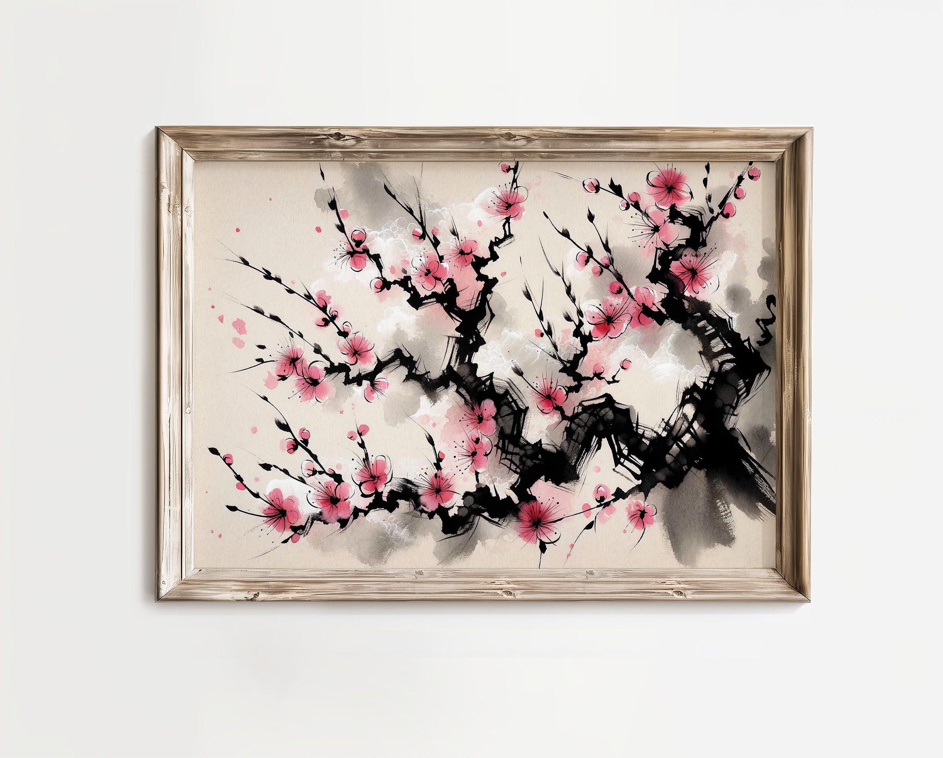 Cherry Blossom Japanese Watercolor Ink Painting, Abstract Floral Canvas ...