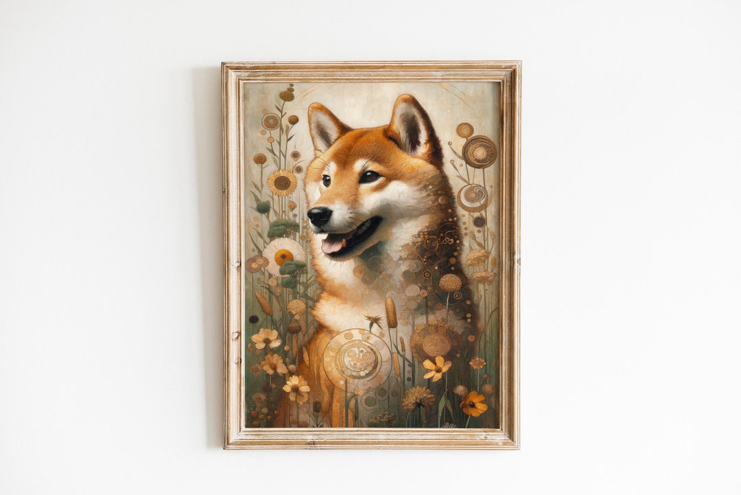 Shiba Inu Meadow Joy, Iconic Rustic Dog Portrait, Gustav Klimt Vintage Flowers, Funny Dog ...