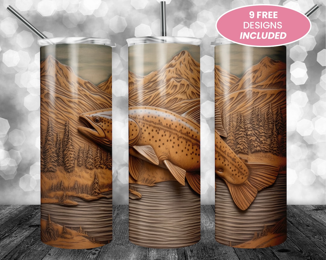 3D Engraved Leather Trout 20 Oz Skinny Tumbler, Sublimation Design ...