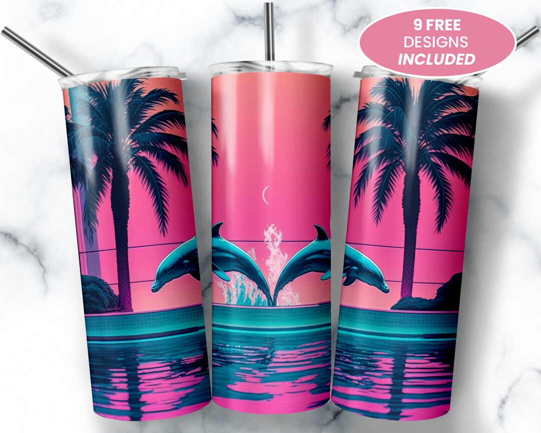 Retro Dolphins 20 Oz Skinny Tumbler, Sublimation Design, Digital ...