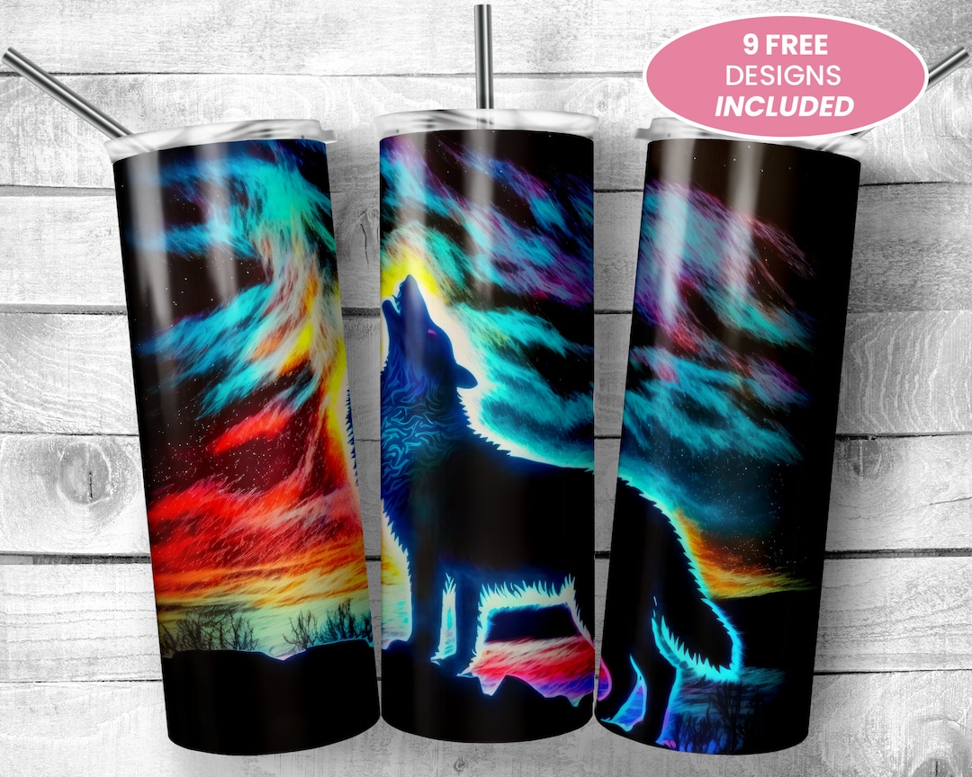 Neon Wolf Howling 20 Oz Skinny Tumbler, Sublimation Design, Digital ...