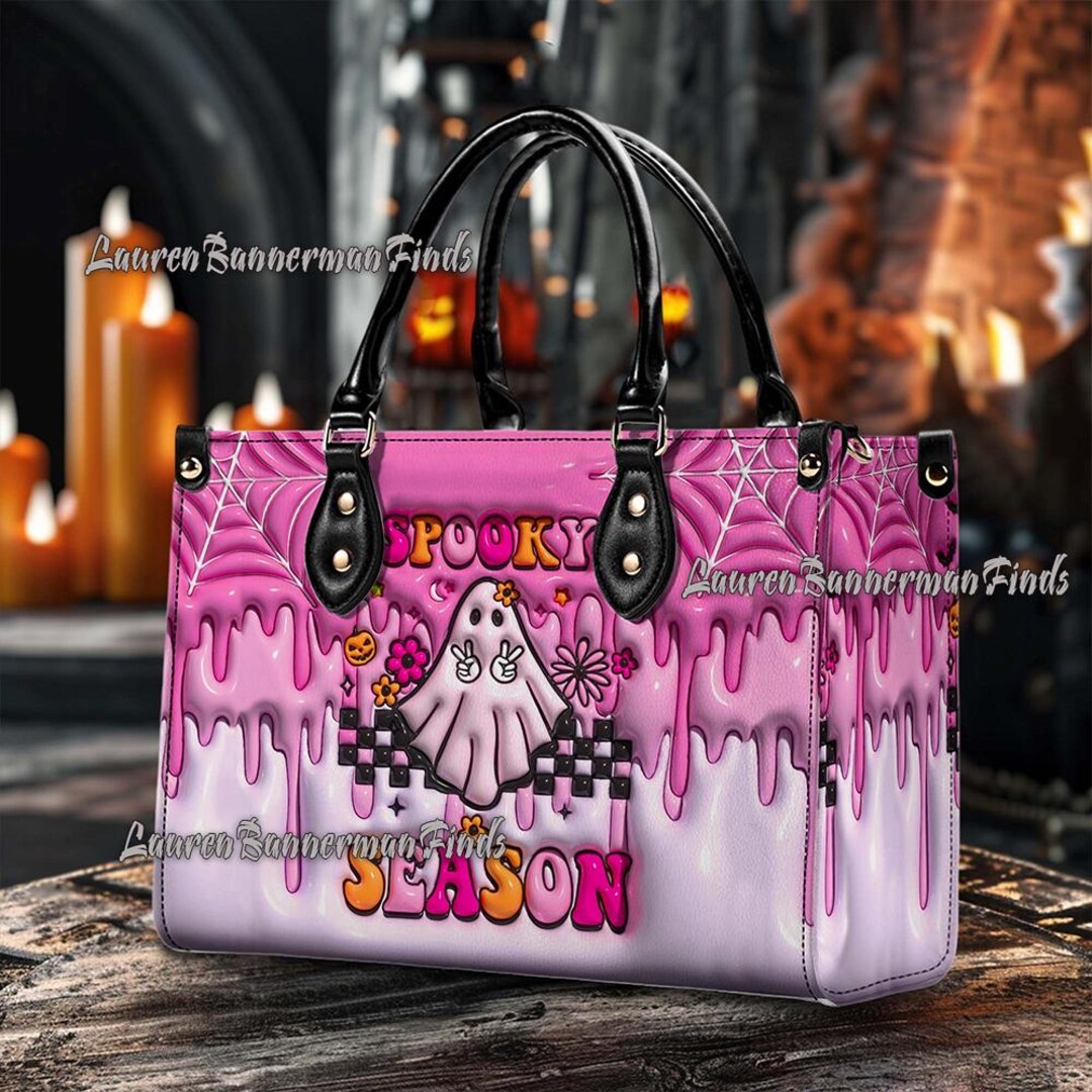 Spooky Vibe Print 3D Effect Leather Handbag With Handle, Ghost Pumpkin ...