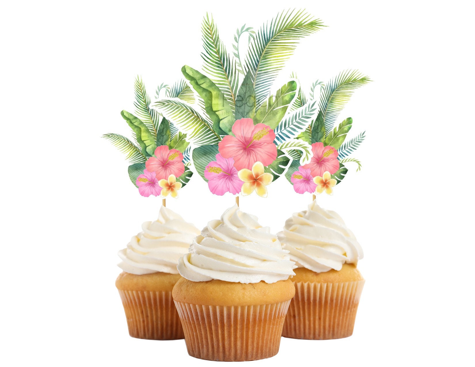 Tropical Cupcake Toppers, Watercolor Flower Cupcake Toppers, Hawaiian ...