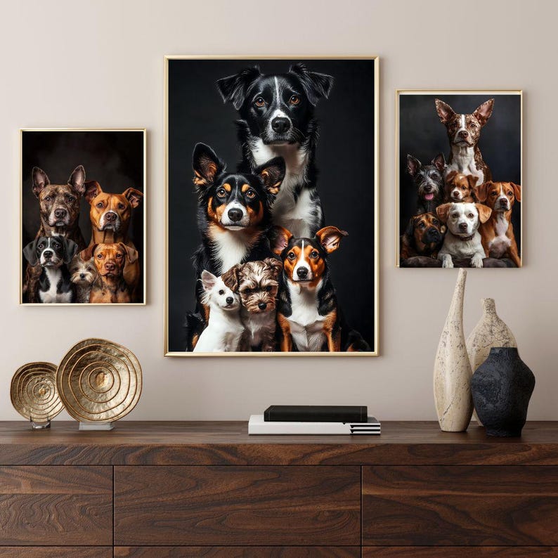 Realistic Dog Family Portrait Set of 4 - Charming Canine Group Wall Art ...