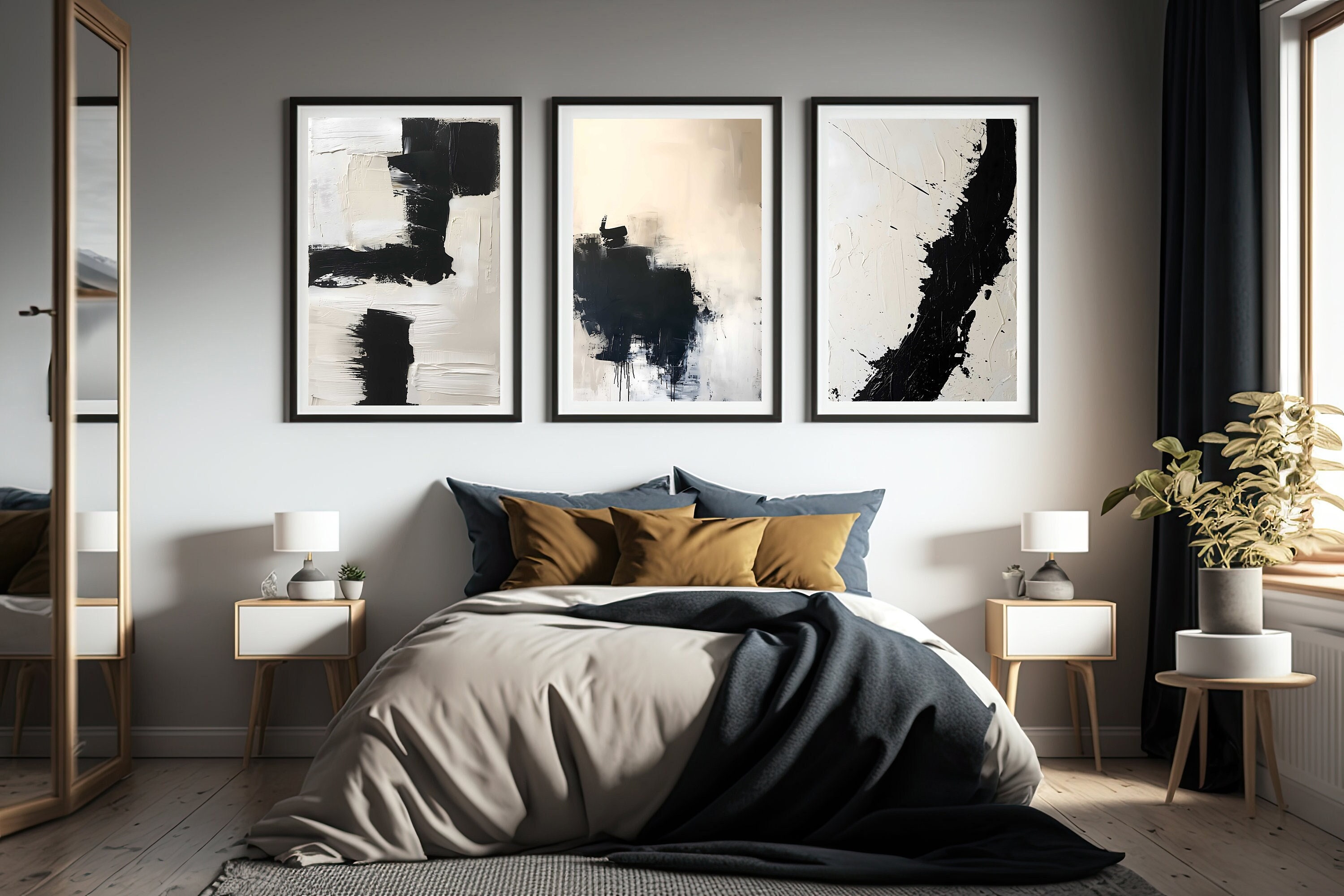 Modern Neutral Abstract Gallery Wall Art Set of 3 Black Beige Neutral ...