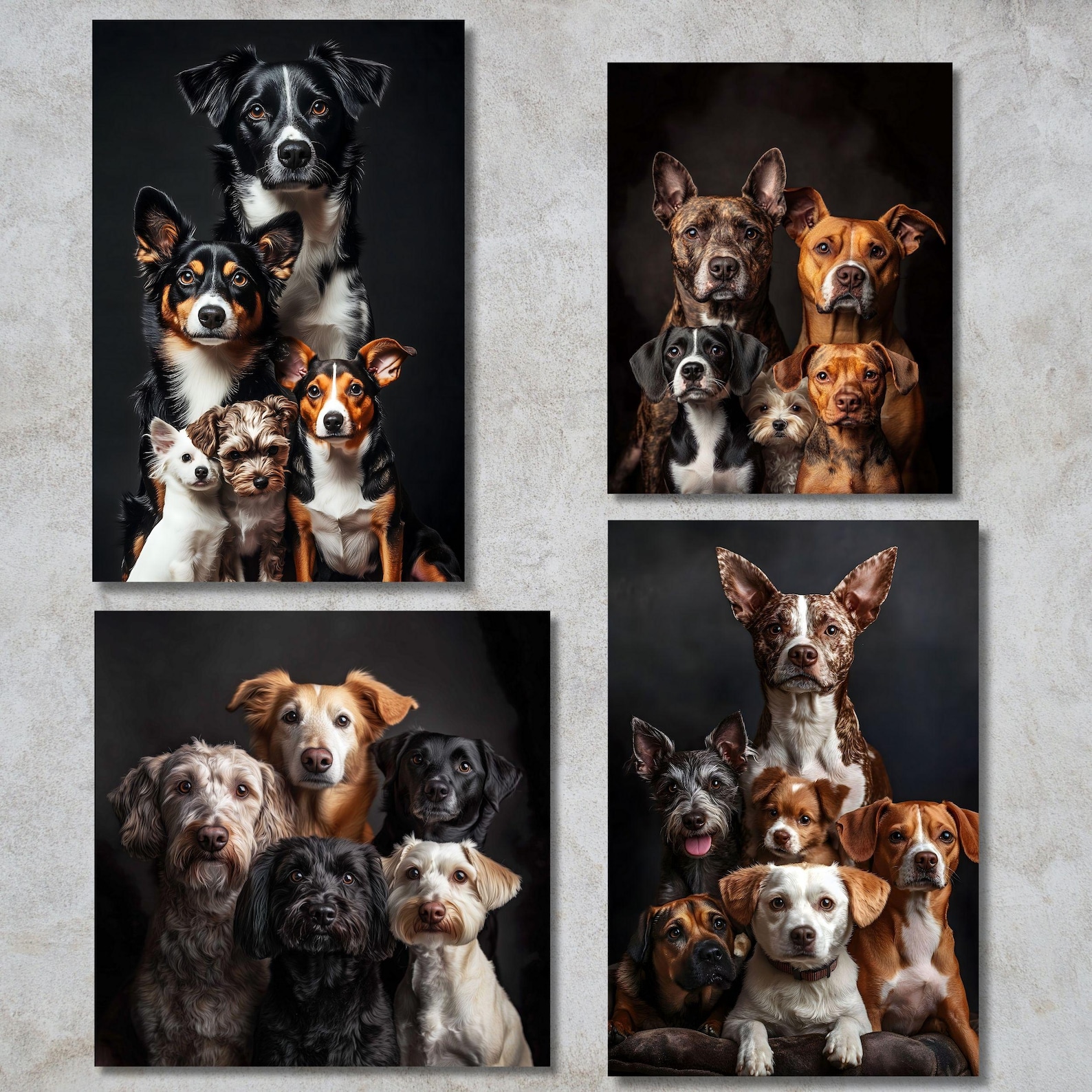 Realistic Dog Family Portrait Set of 4 - Charming Canine Group Wall Art ...