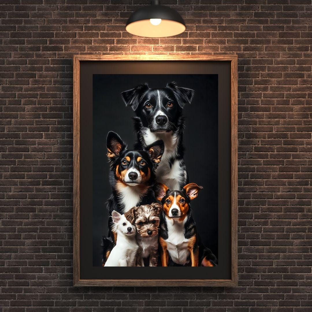 Realistic Dog Family Portrait Set of 4 - Charming Canine Group Wall Art ...