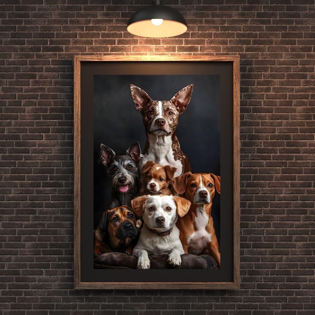Realistic Dog Family Portrait Set of 4 - Charming Canine Group Wall Art ...
