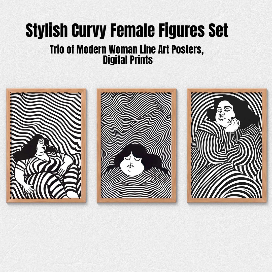 Stylish Curvy Female Figures Set Trio of Modern Woman Line Art Posters ...