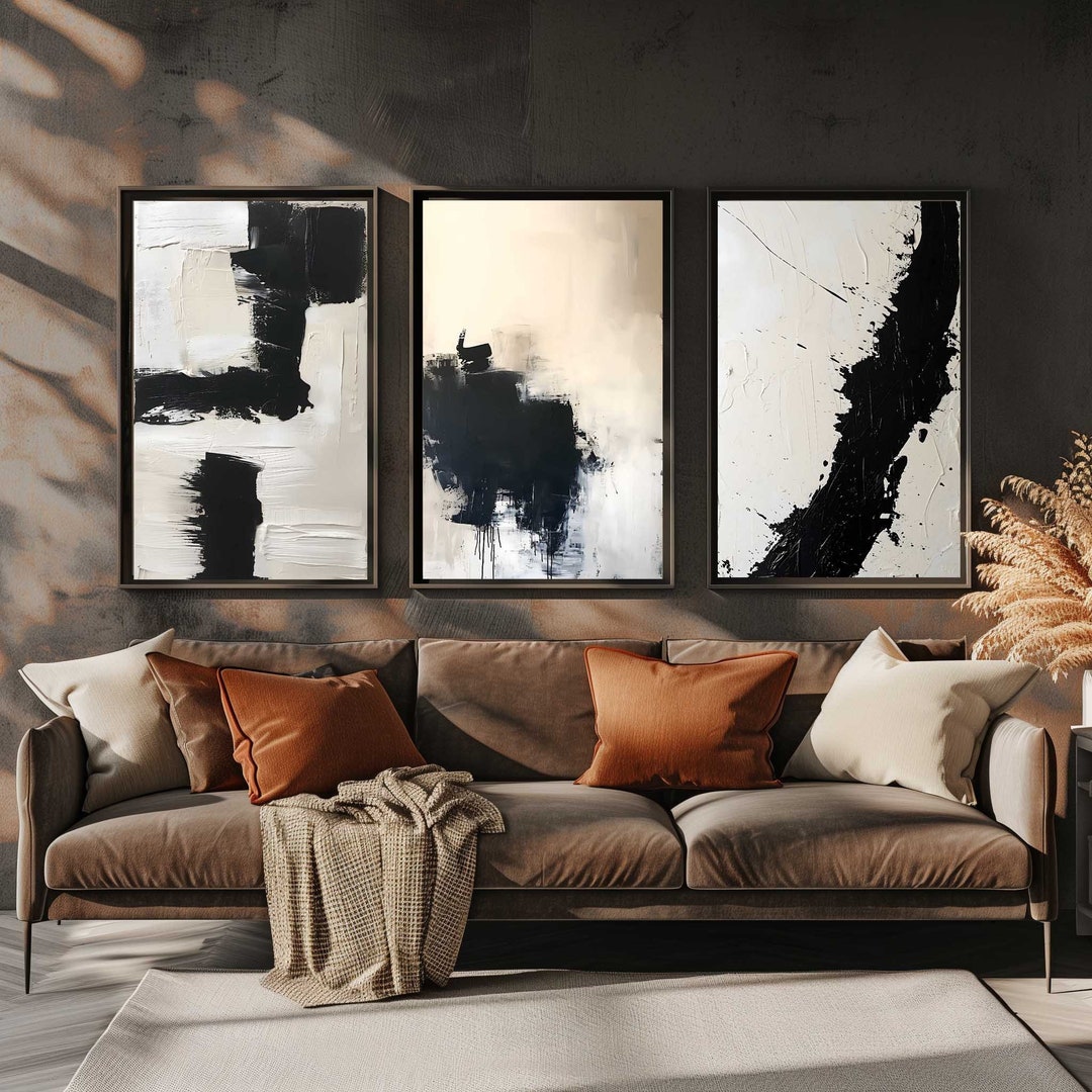 Modern Neutral Abstract Gallery Wall Art Set of 3 Black Beige Neutral ...