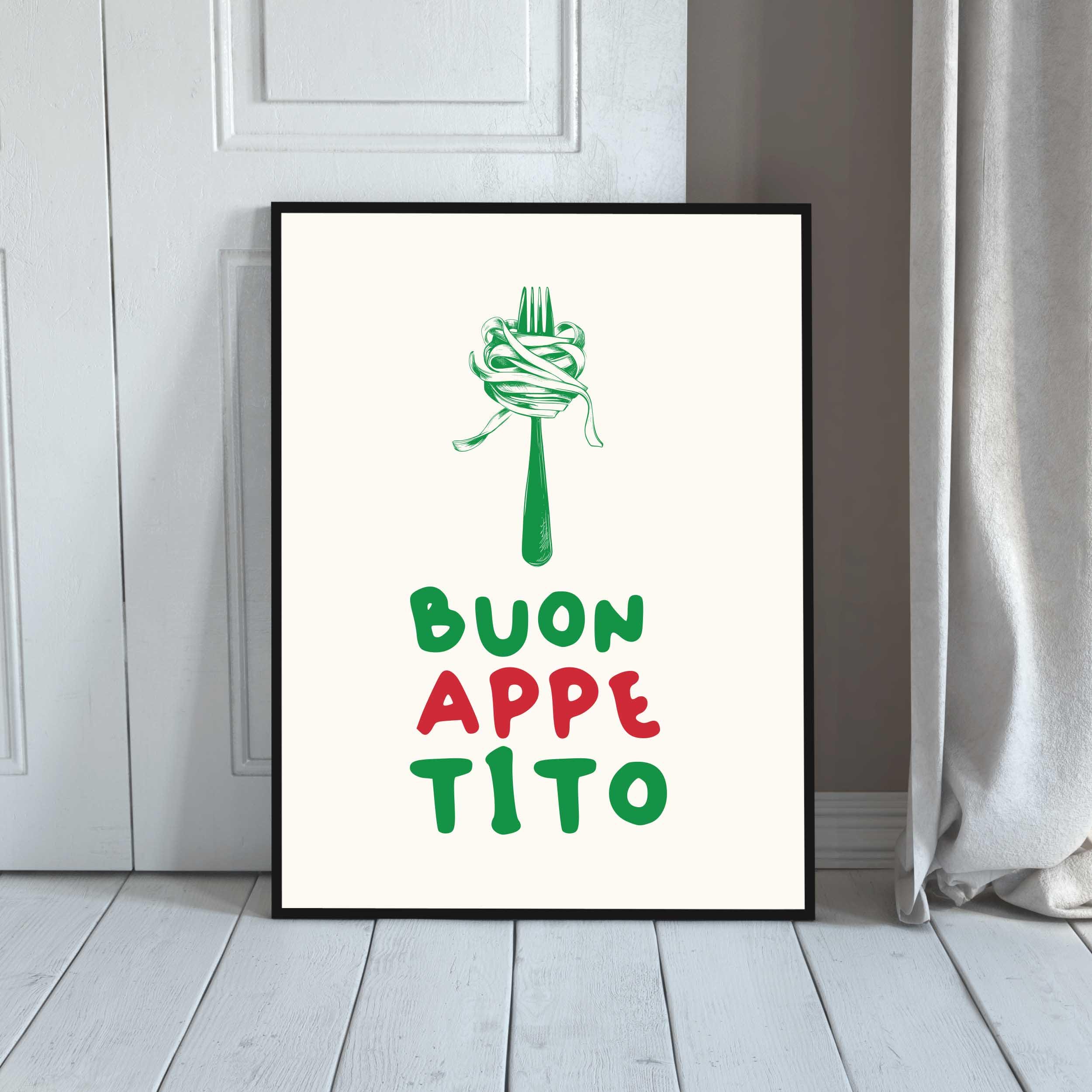 Buon Appetito Italian Kitchen Wall Art – Green and Red Pasta Fork Print ...