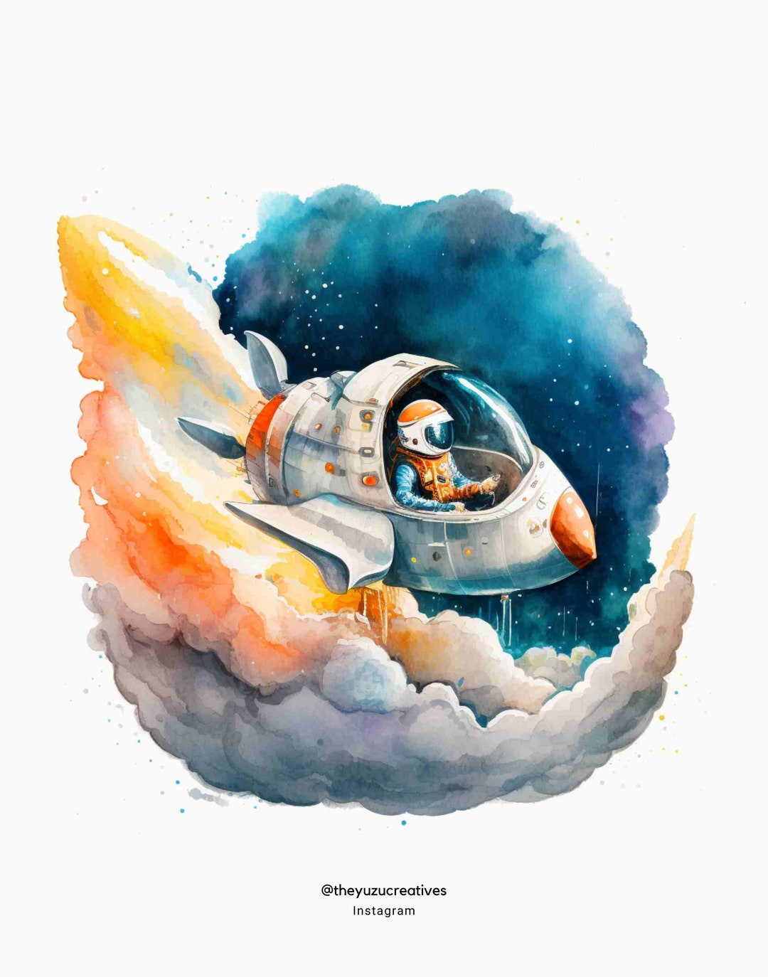 Watercolor Digital Art of Space, Planets and a Rocketship 4 Prints - Etsy