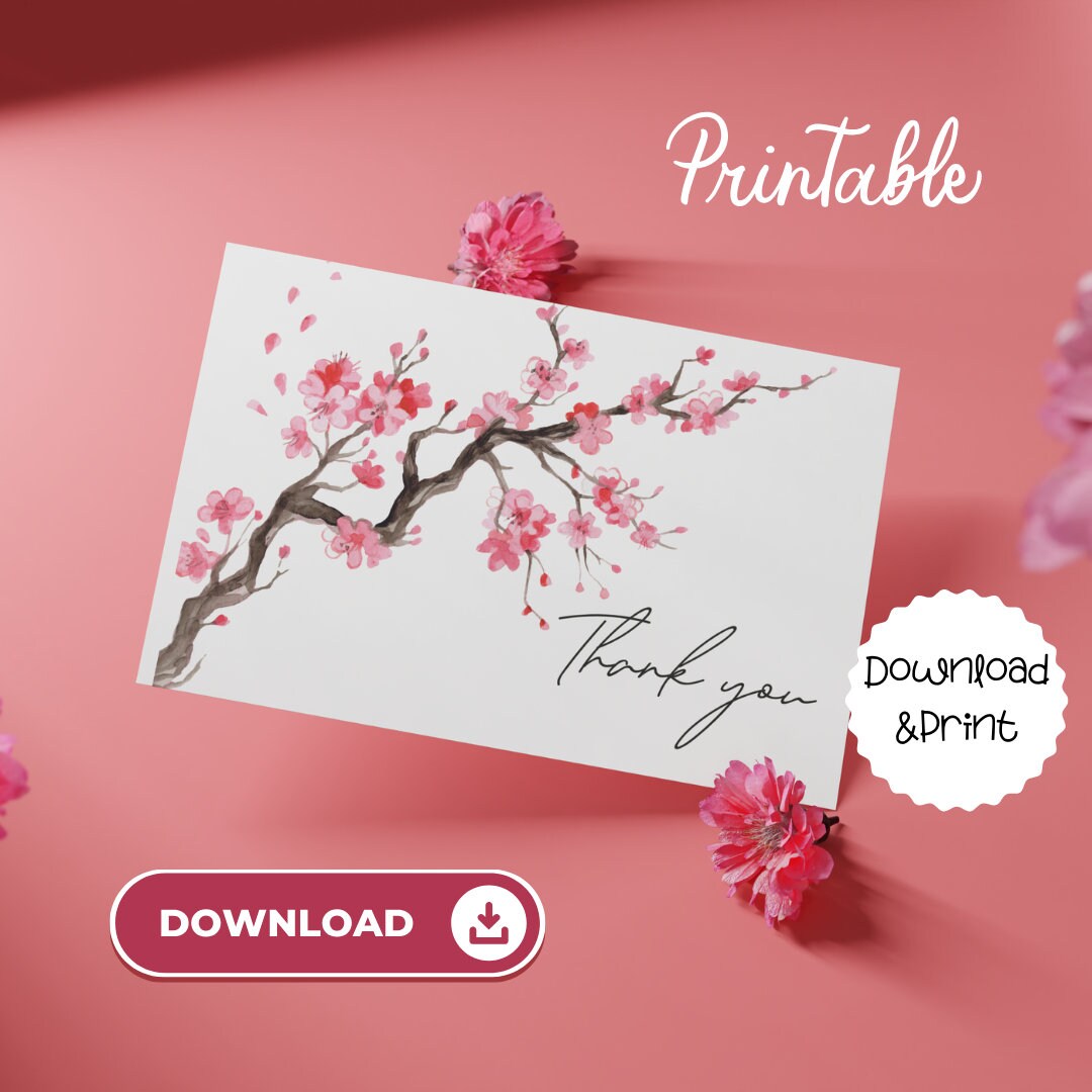 Printable Cherry Blossom Thank You Cards | 5 Pieces Thank You Cards ...