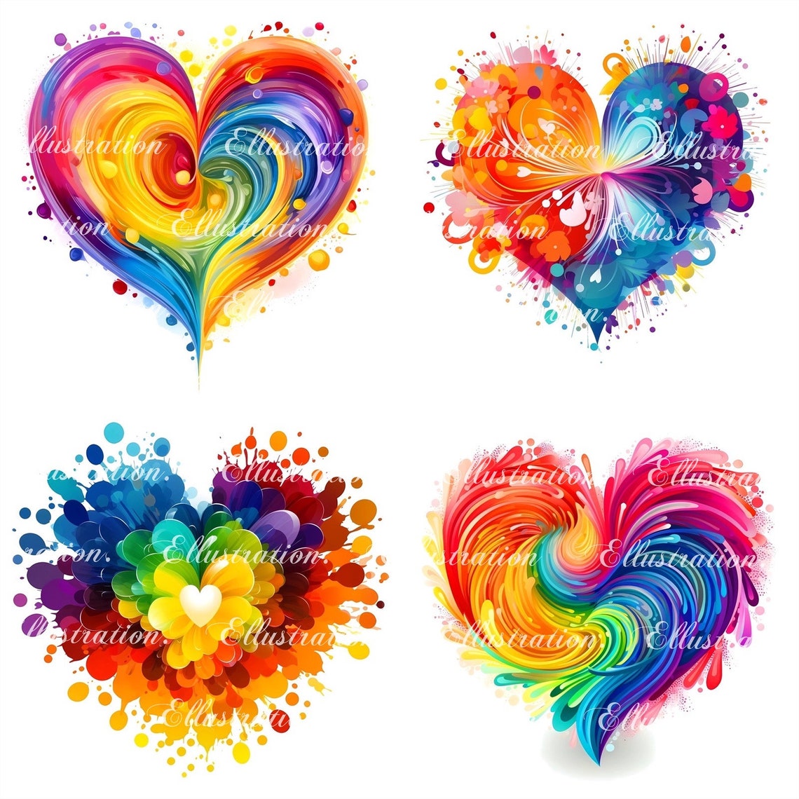 12 Rainbow Love Hearts JPEG Files Digital Paper Commercial Use Rainbow ...