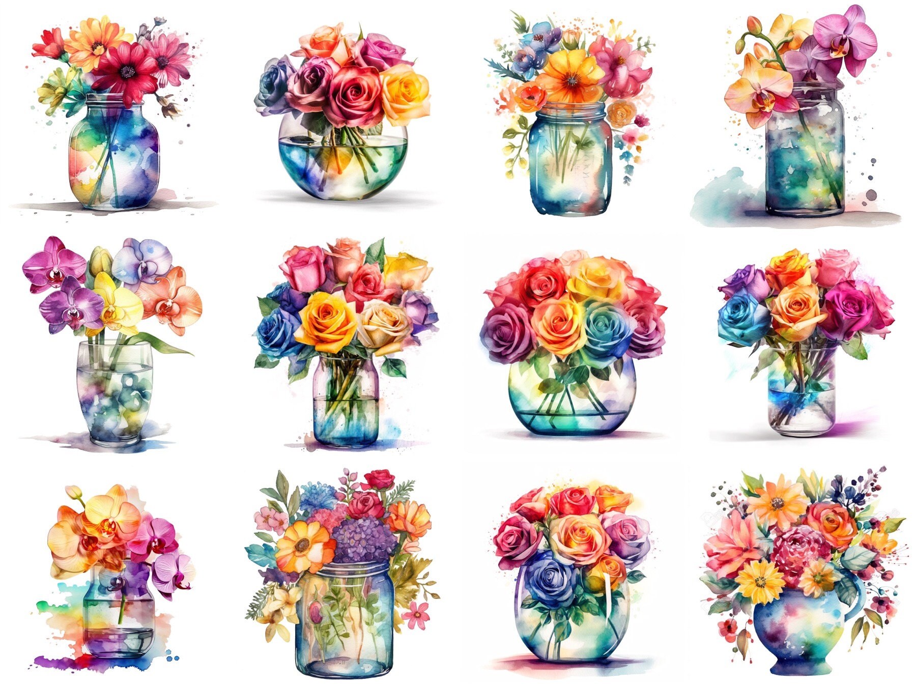 12 Rainbow Flowers Clipart PNG Files Transparent BG Commercial Use High ...
