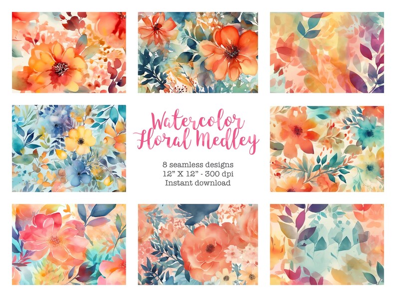 8 Watercolor Floral Medley - Digital Paper - Seamless Designs - Wedding ...
