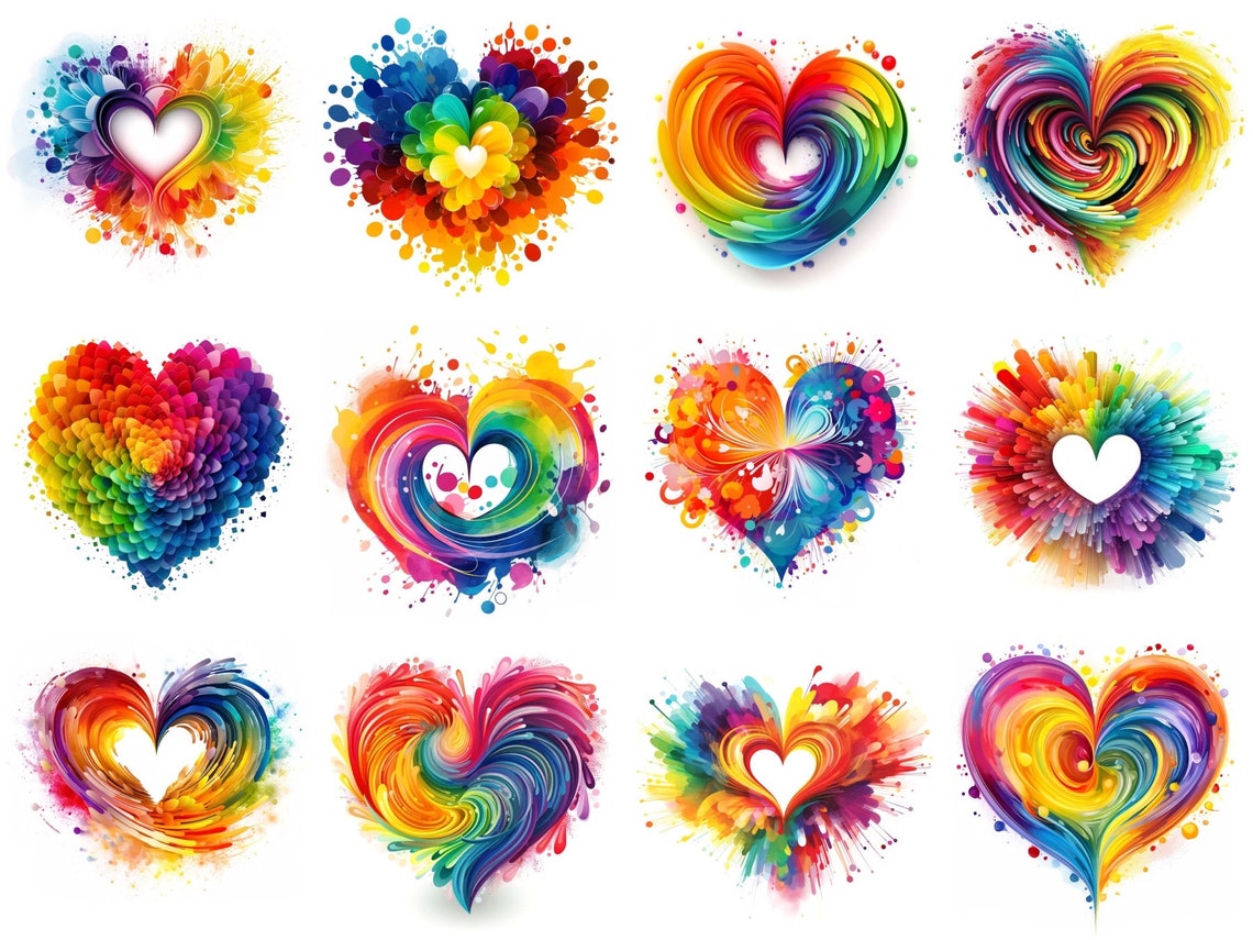 12 Rainbow Love Hearts JPEG Files Digital Paper Commercial Use Rainbow ...