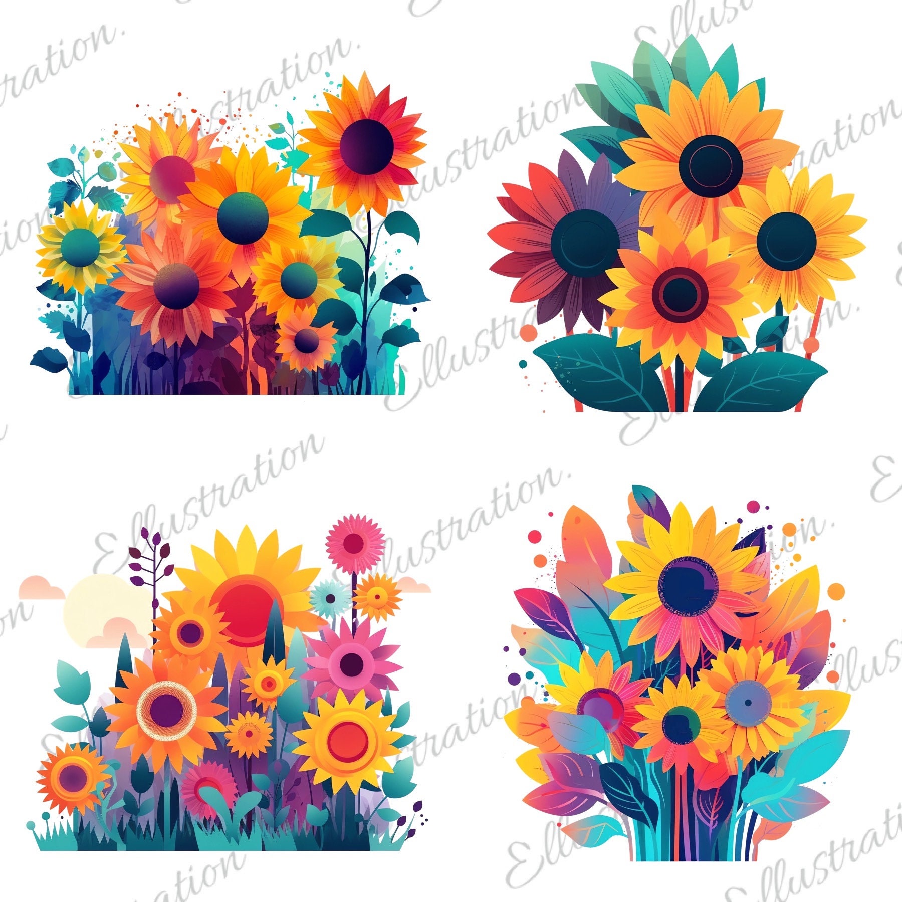 16 Sunflowers Clipart - PNG Files - Transparent BG - Commercial Use - T ...